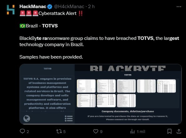 TOTVS sofre ataque de ransomware Blackbyte